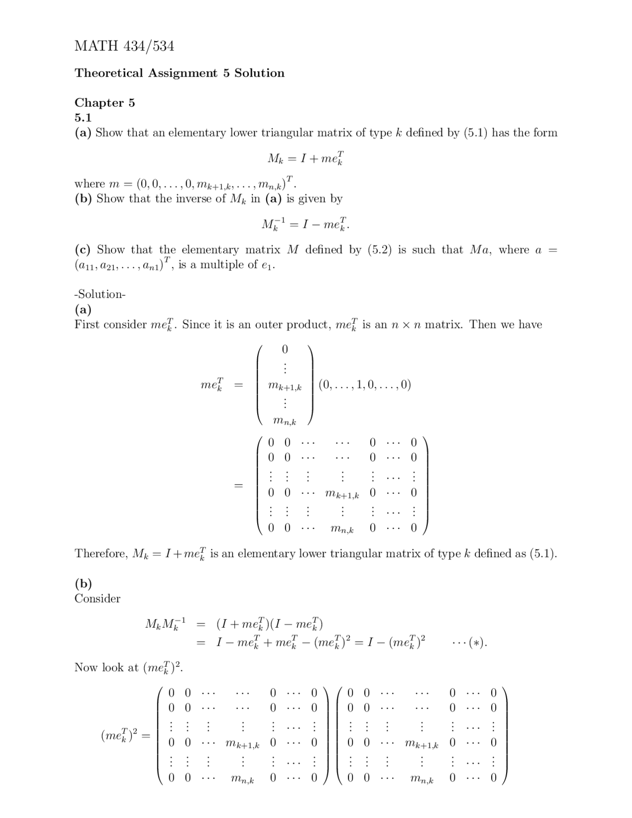 5 Solved Problems On Numerical Linear Algebra Assignment 5 Math 434