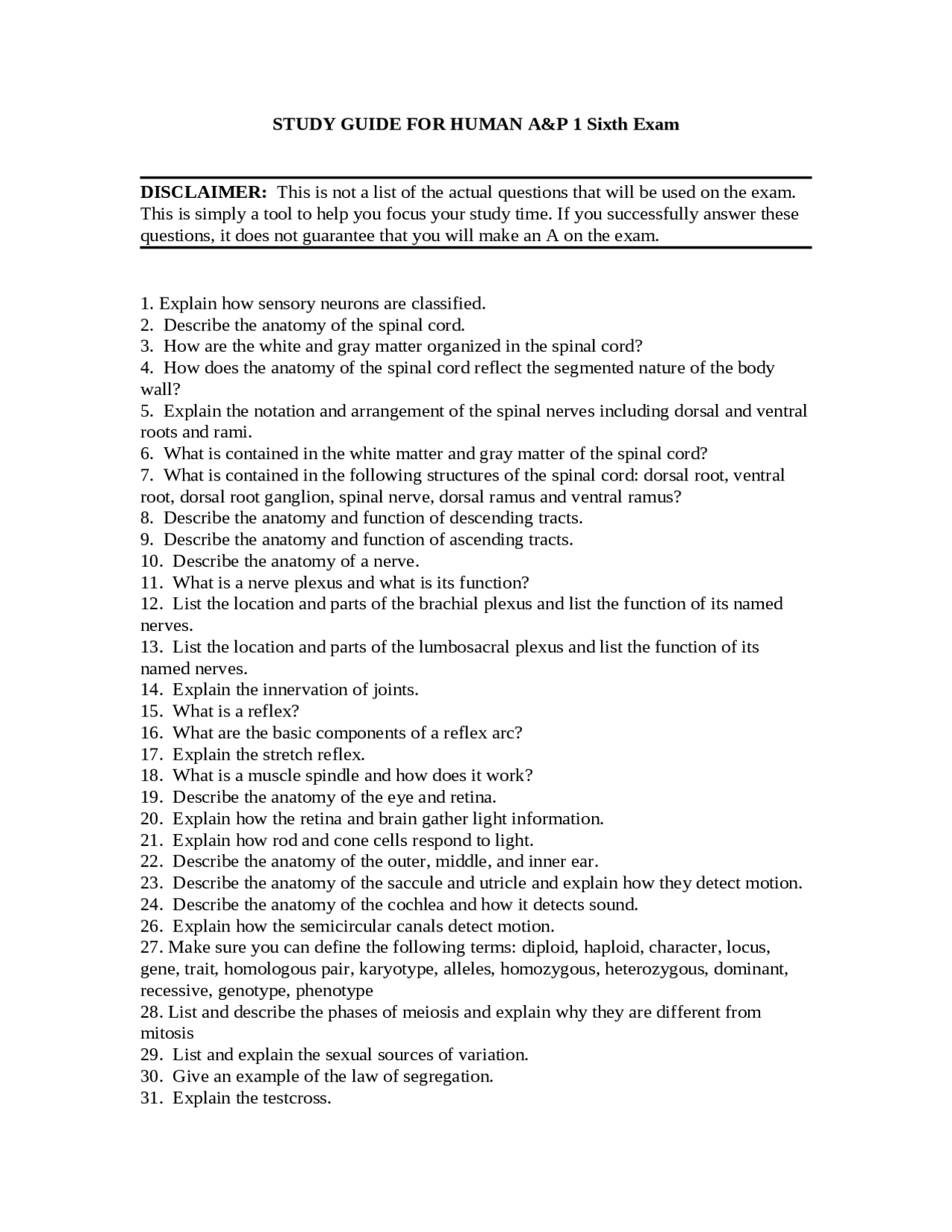 Study Guide for Human A and P 1 Exam 6 - Human Anatomy Physiology ...