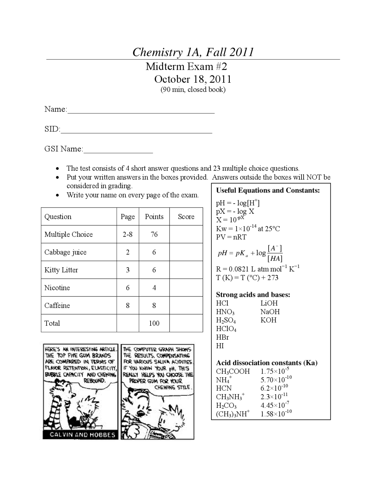 Questions for Midterm Exam 2 - General Chemistry | CHEM 1A | Exams ...
