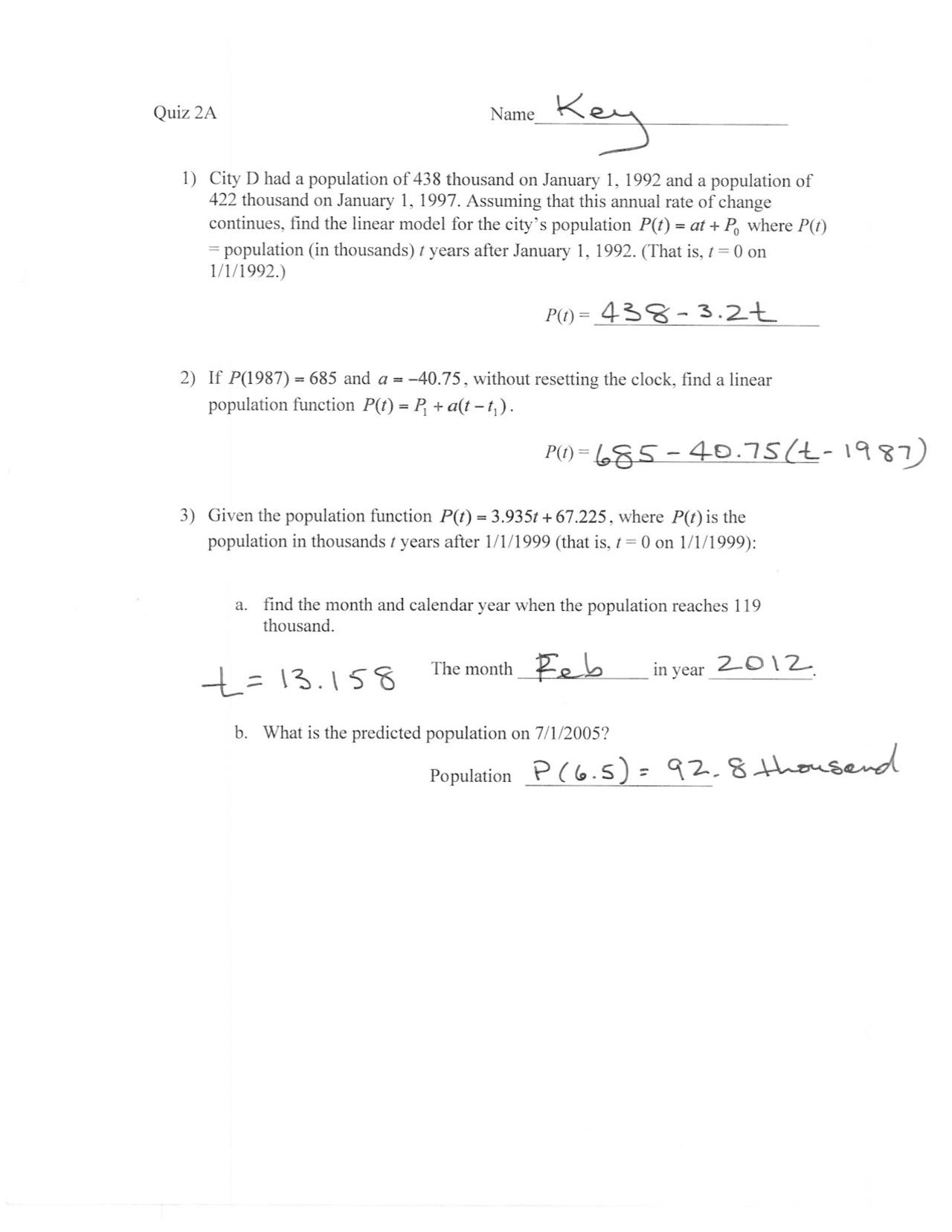 Introduction To Mathematical Modeling Solved Quiz 2 Math 1101 Docsity