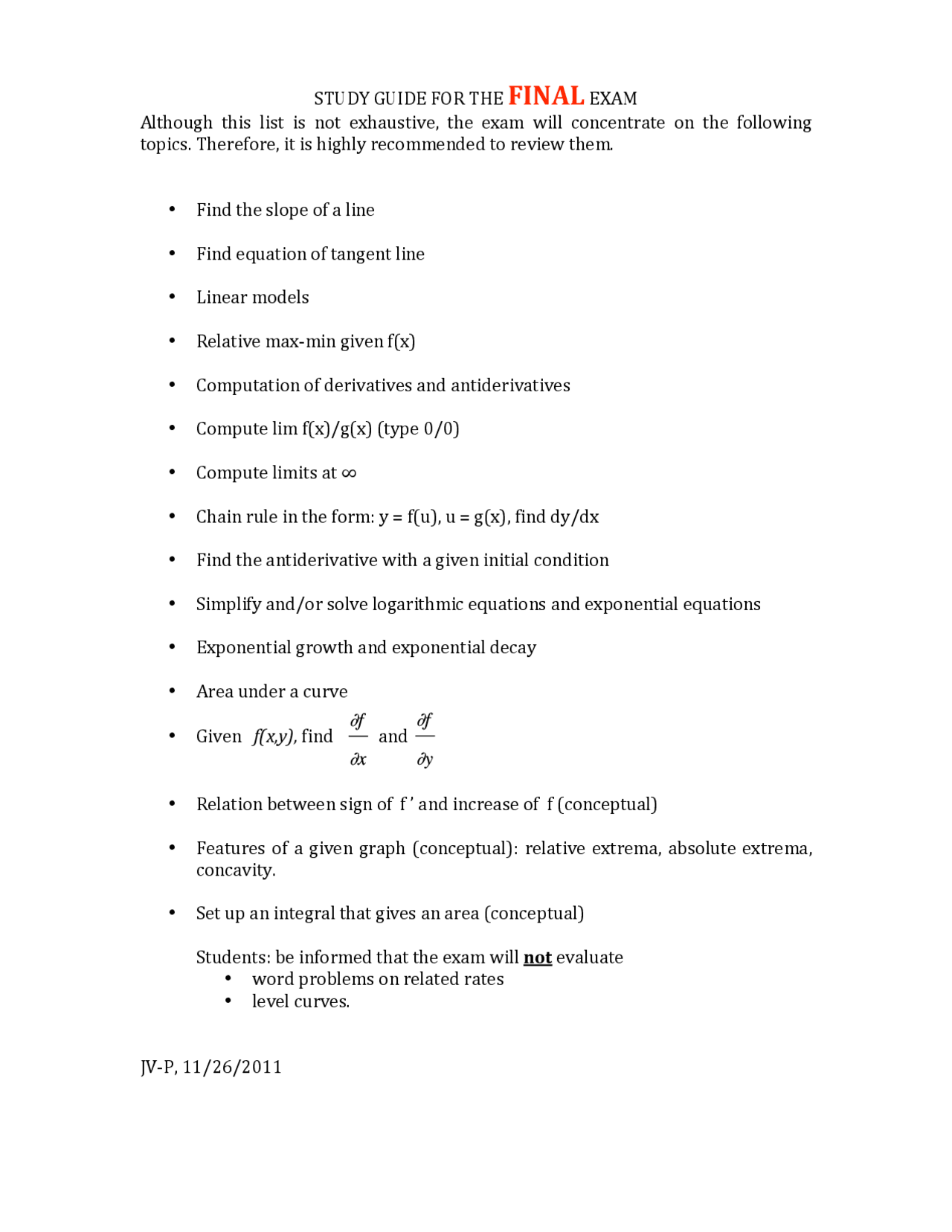 Final Examination Notes Methods Of Calculus Mac 2233 Docsity