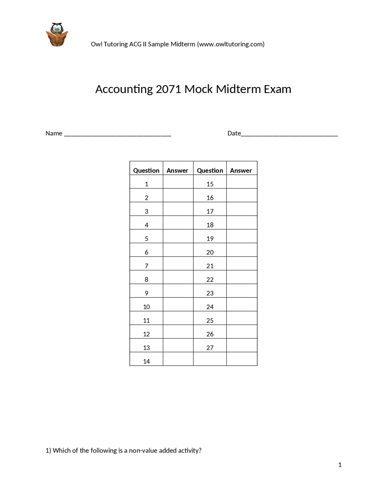 27 Multiple Choice Questions Midterm Principles Of Accounting 2