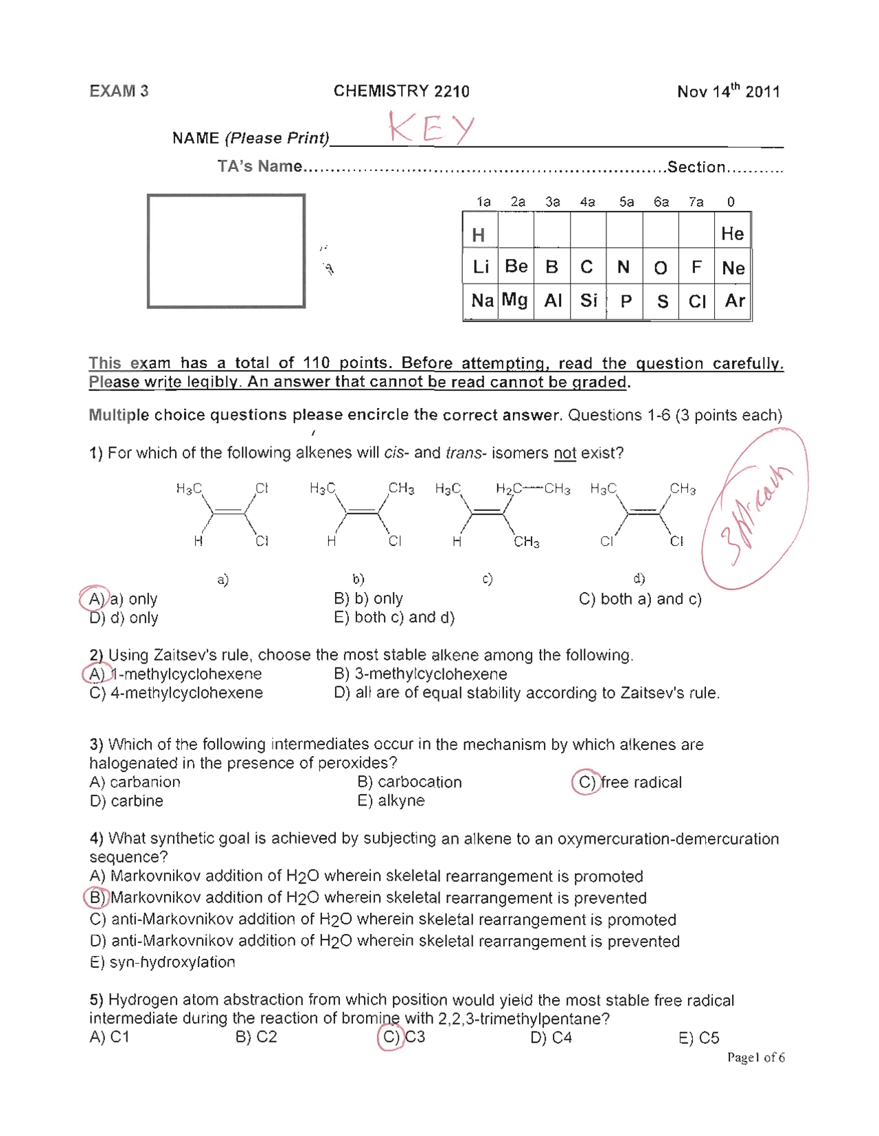 Exam 3 Solved - Organic Chemistry - Fall 2011 | CHM 2210 - Docsity