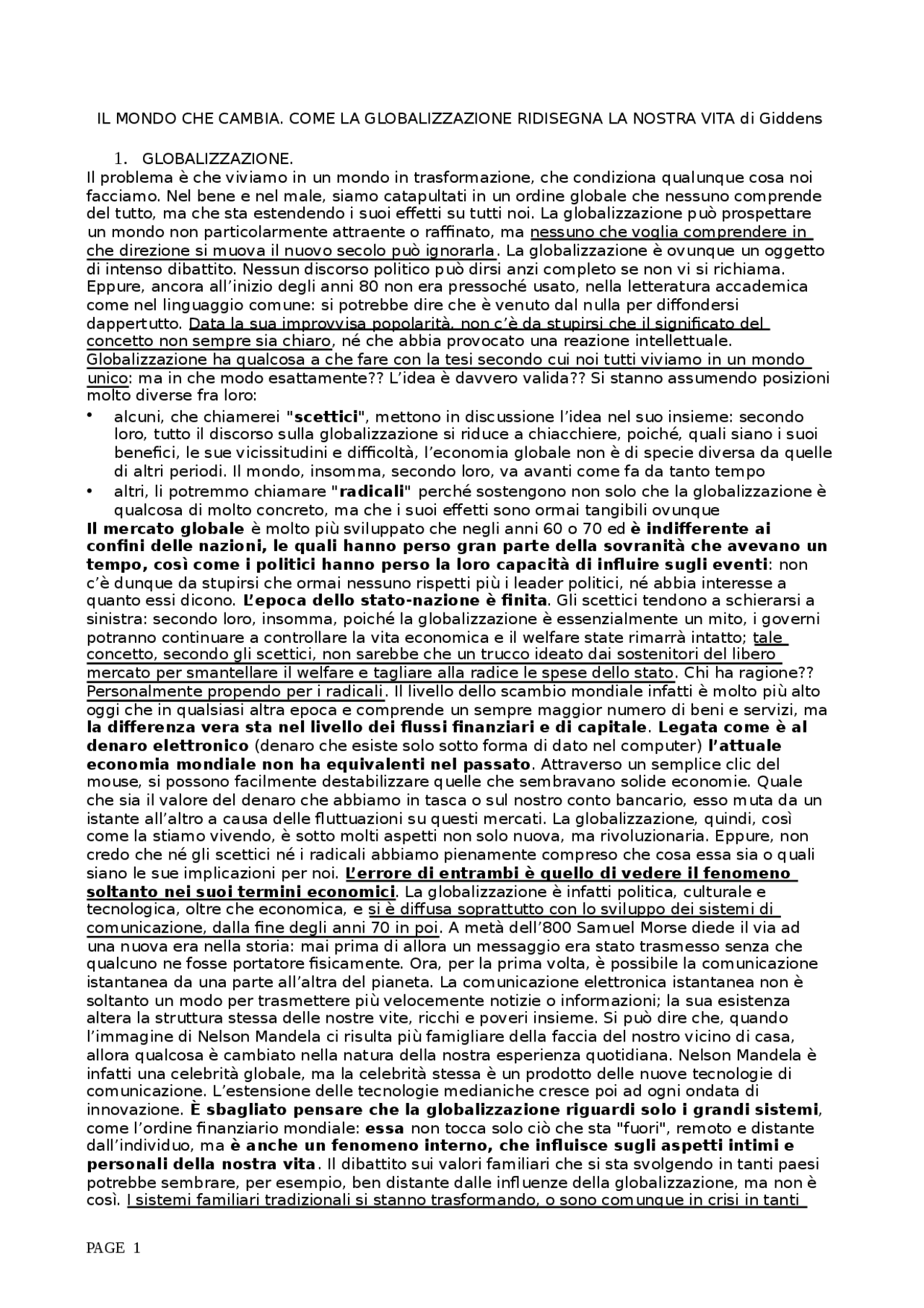 Il mondo che cambia giddens riassunto | Sintesi del corso di Sociologia ...