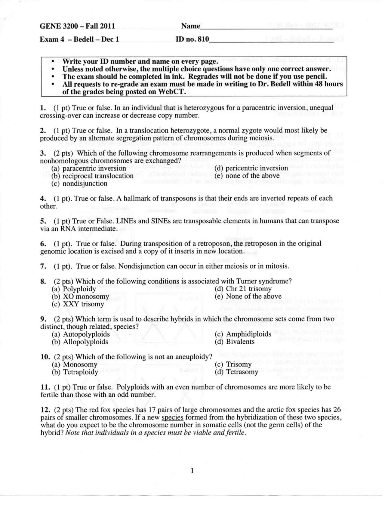 48 Questions on Genetics - Exam 4 | GENE 3200 | Exams Genetics | Docsity