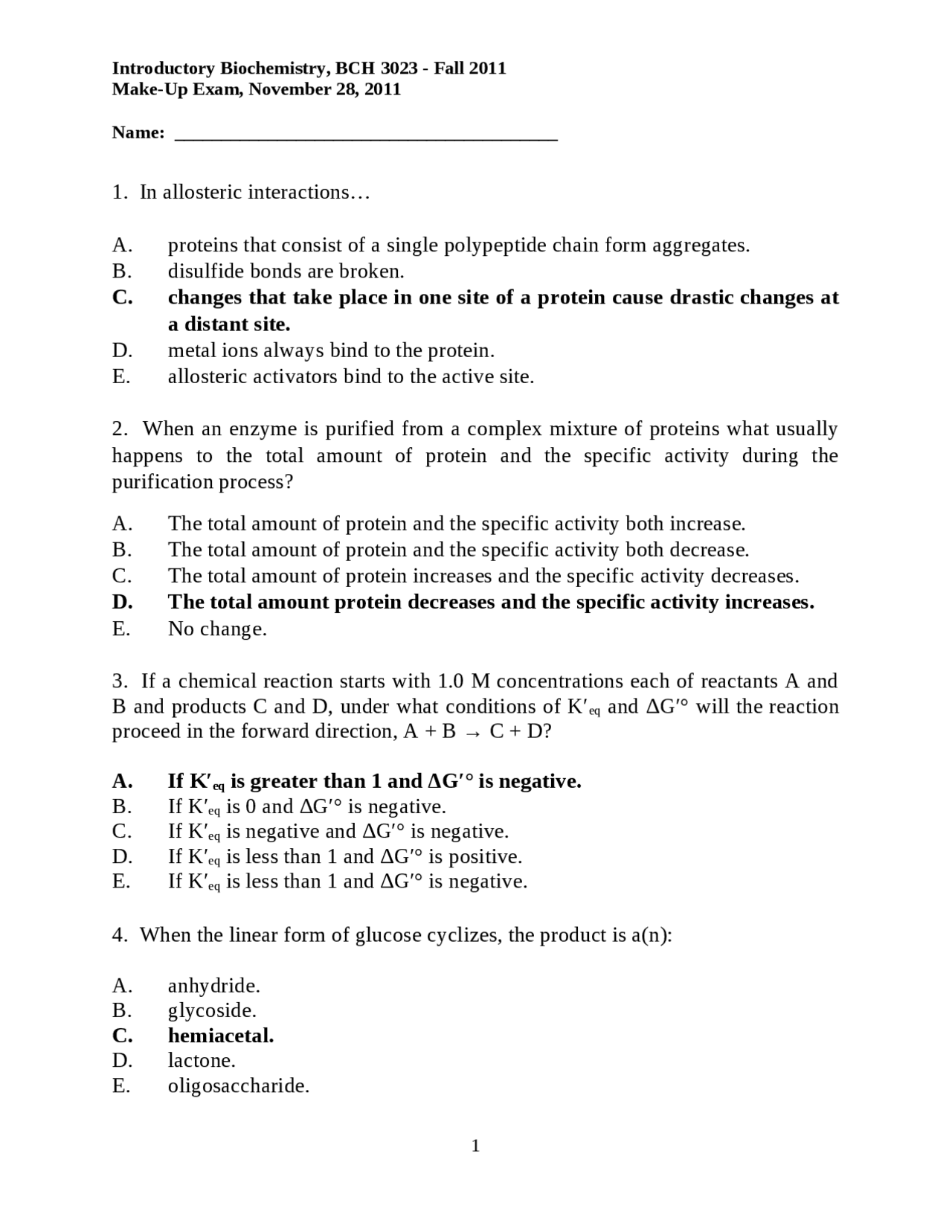 32 MCQs with Answers for Introductory Biochemistry - Midterm | BCH 3023 ...