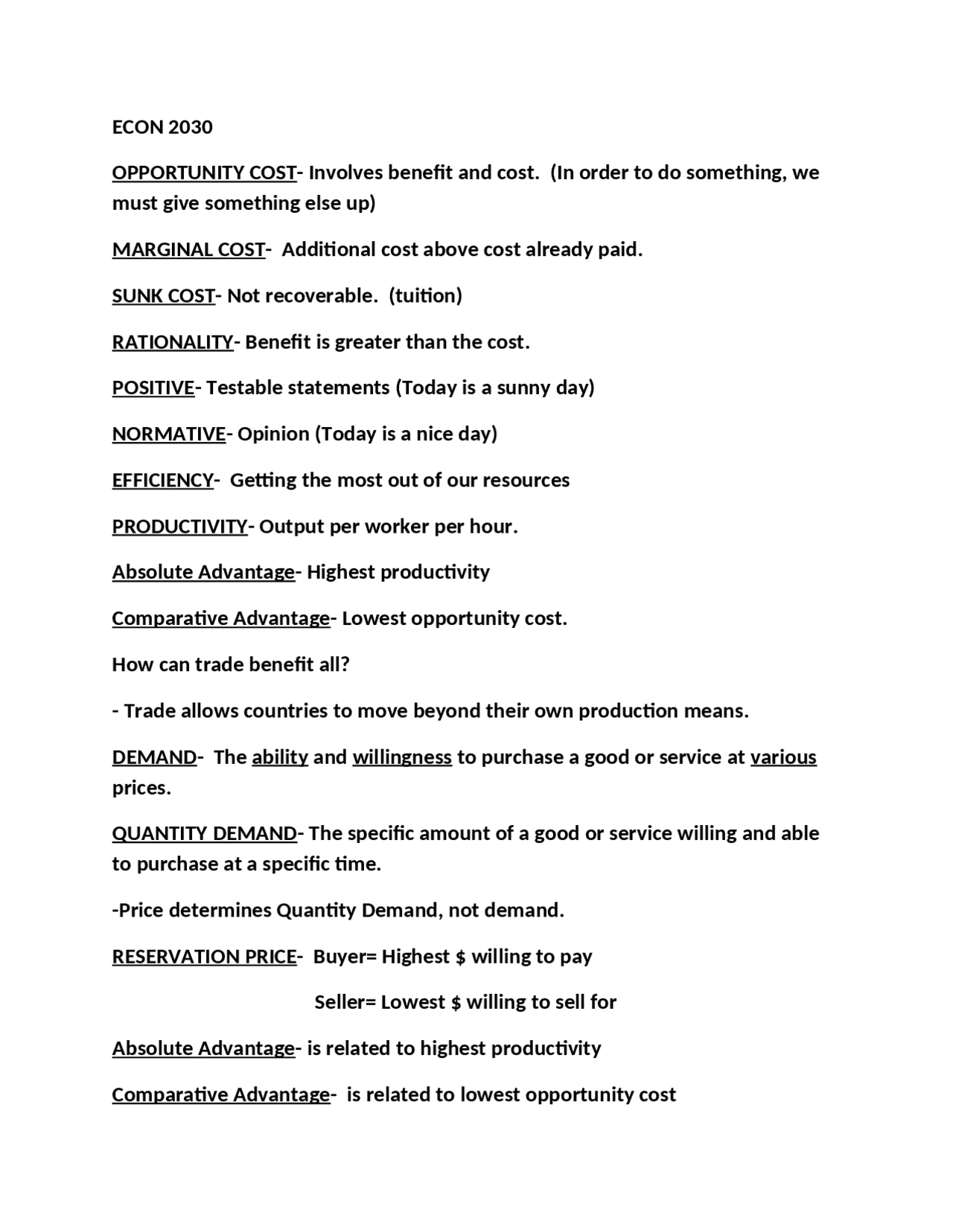 Notes On Exam 1 Terms Economic Principles Econ 2030 Docsity