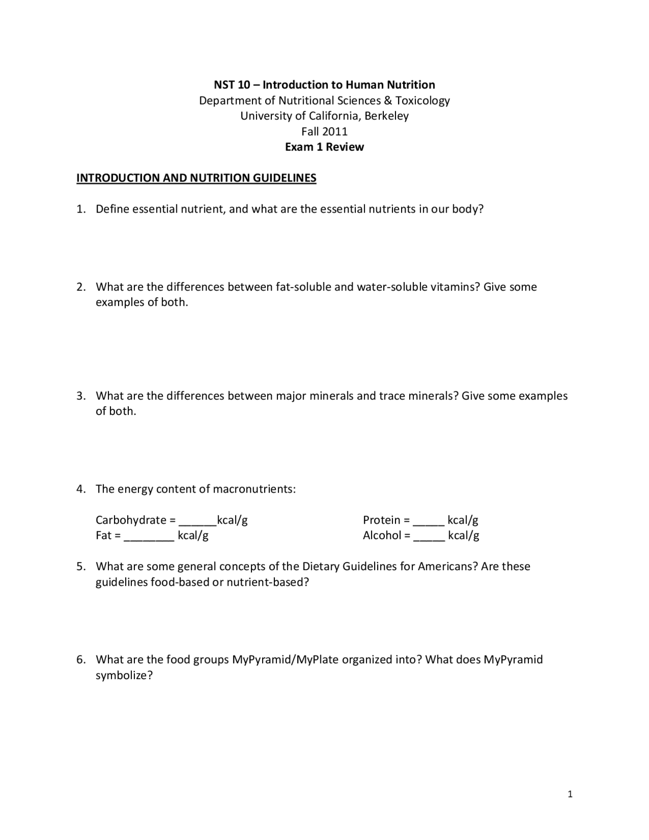 Exam 1 Review Sheet Introduction To Human Nutrition Nusctx 10
