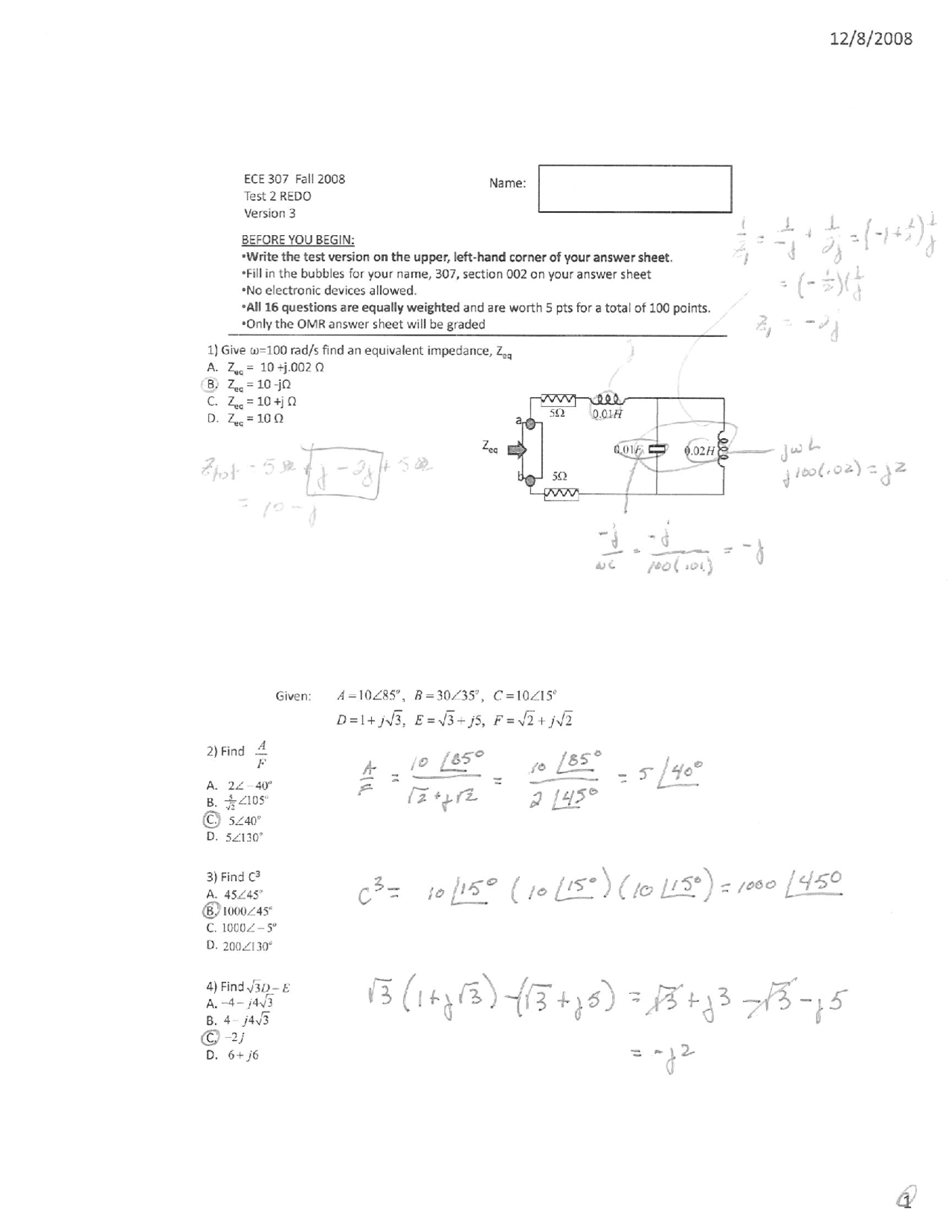 Test 2 Version 3 With Answer Key Basic Electronics Engineering E C