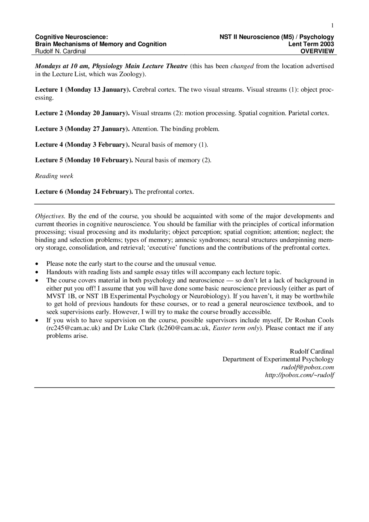 Cognitive Neuroscience 2003 Lecture Schedule Psychology Docsity