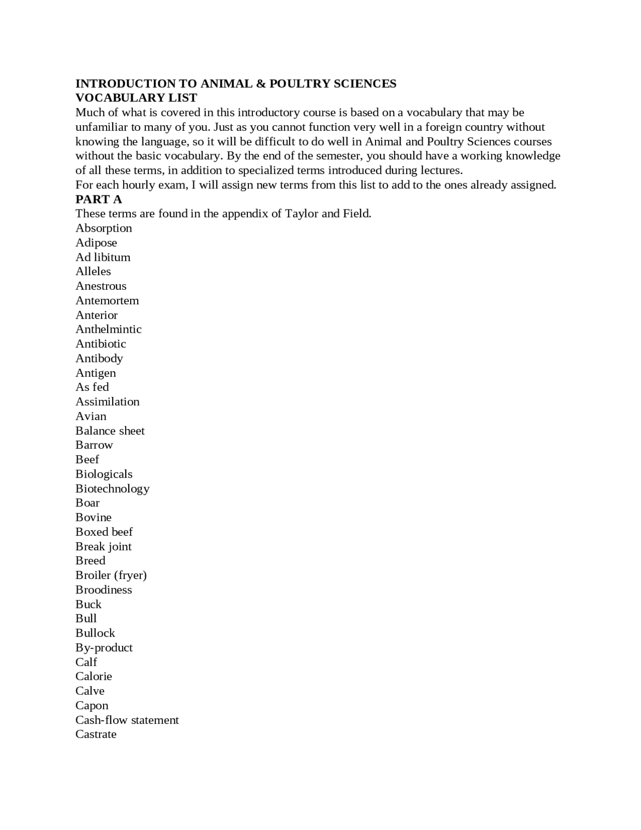 Complete Vocabulary List - Introduction to Animal and Poultry Science ...