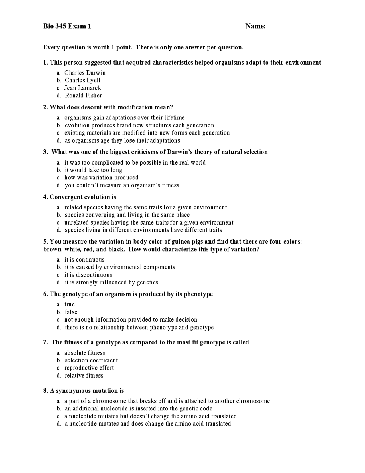 50 Questions On Exam 1 For Ecology And Evolution Bio 345 Docsity
