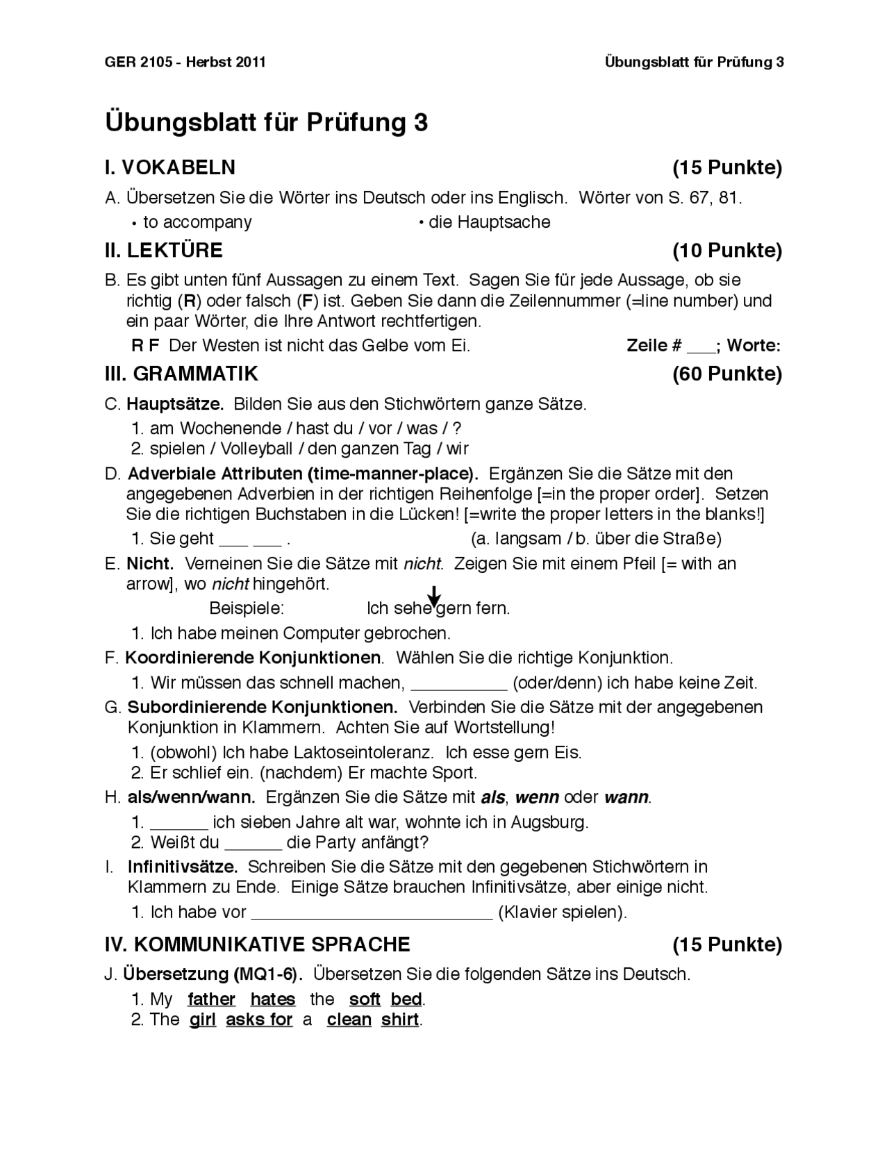 Test #3 Study Guide Practice - Intermediate German | GER 2105 - Docsity