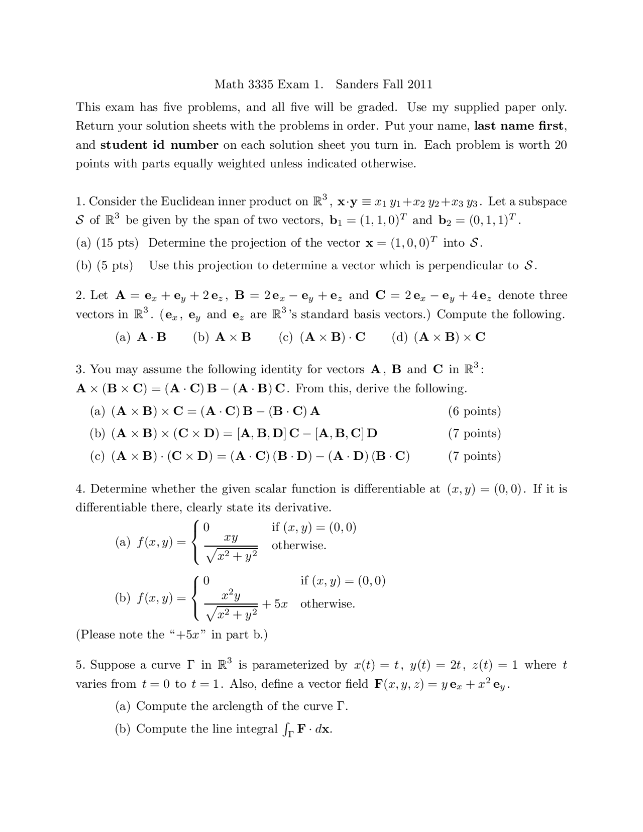 Sample Questions for Exam 1 - Vector Analysis | MATH 3335 | Exams ...