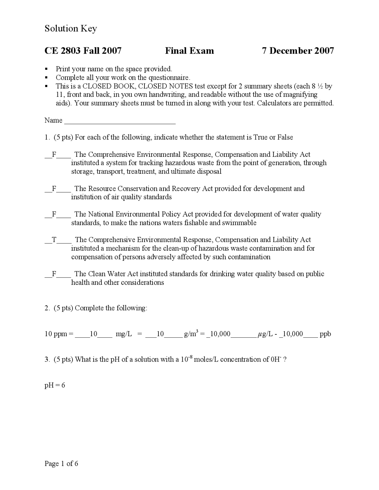 Solution Key For Final Exam Environmental Engineering Issues Ce