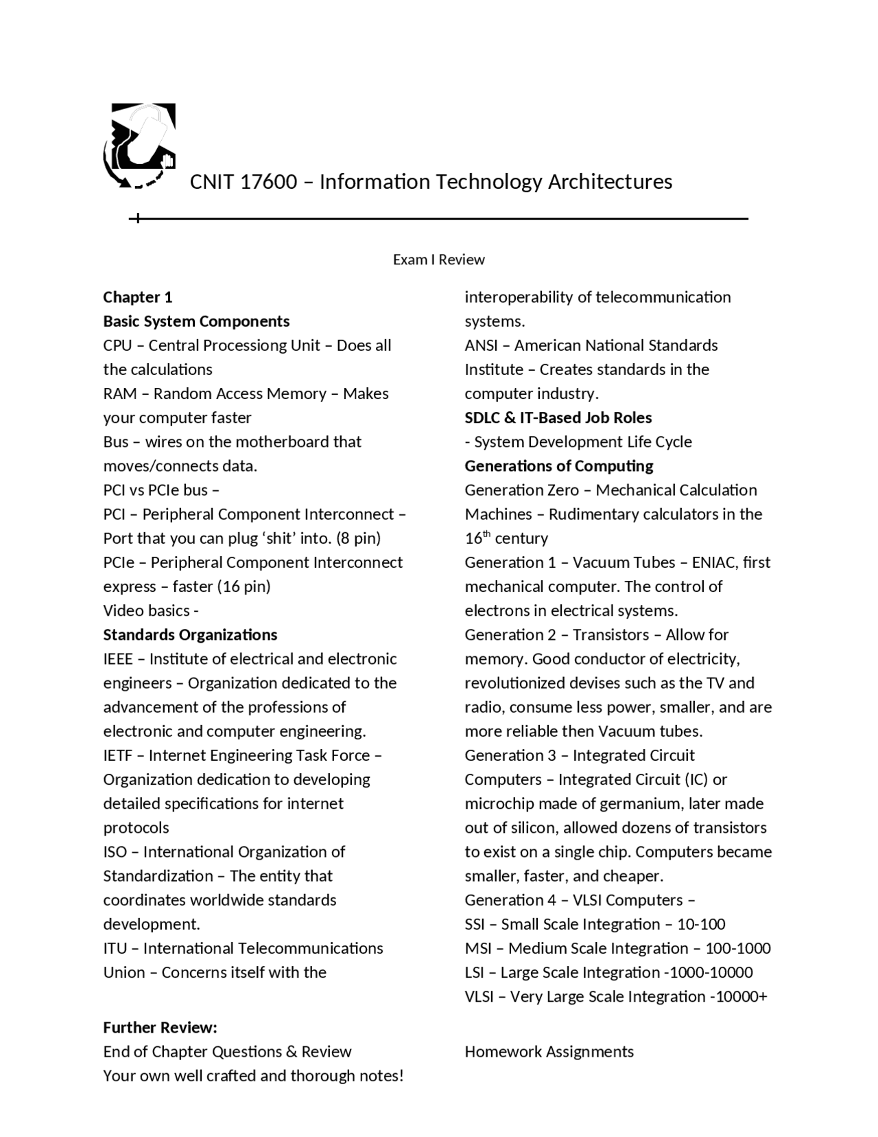 Exam 1 Review Sheet Information Technology Architectures Cnit 17600