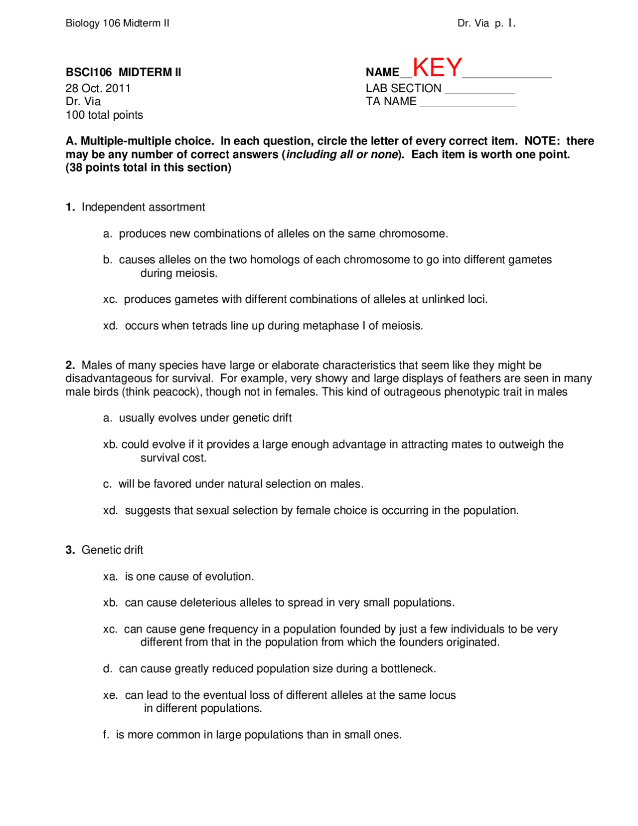 Principles Of Biology Ii Midterm Exam 2 Fall 2011 Bsci 106 Docsity