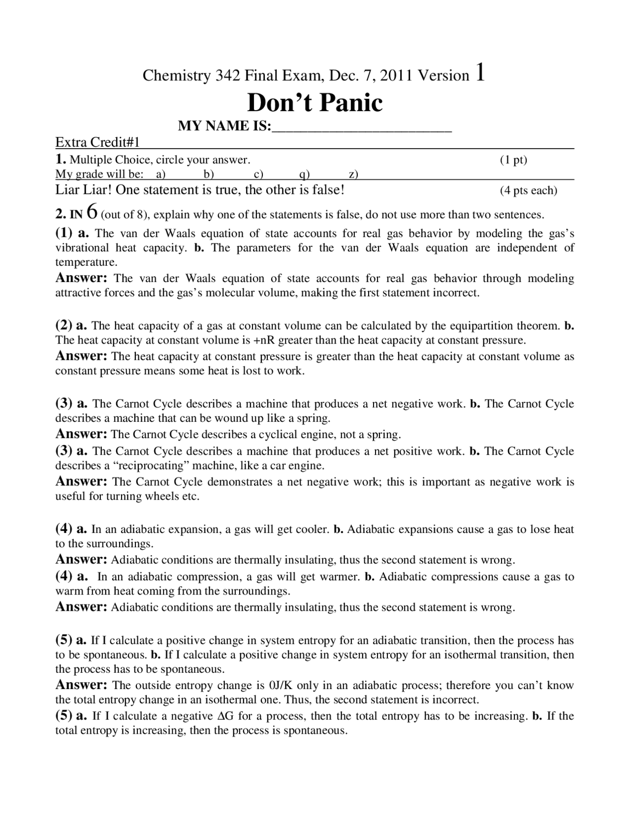Final Exam Solutions Physical Chemistry I Chem 342 Docsity