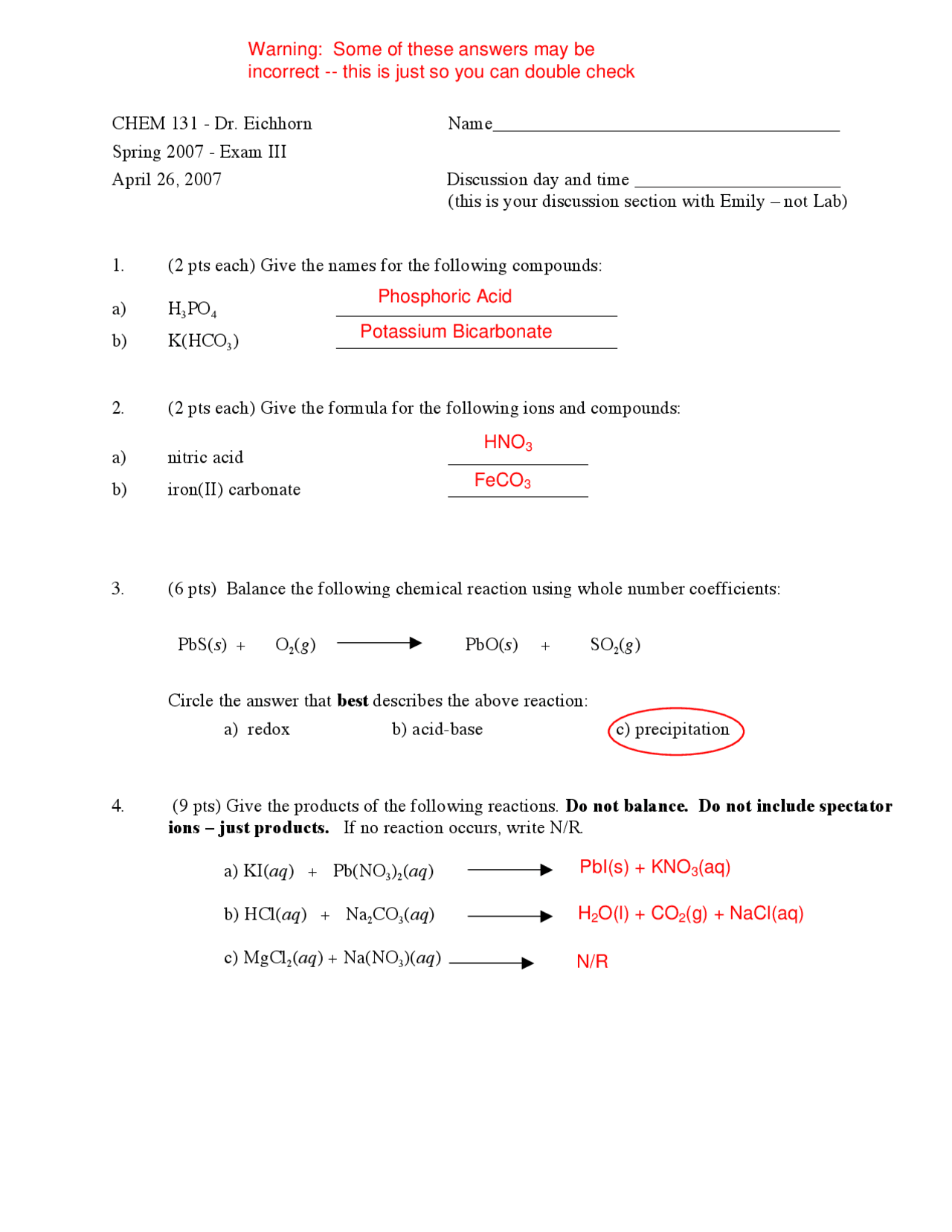 14 Questions - Exam 3 - Fundamentals Chemistry I | CHEM 131 - Docsity