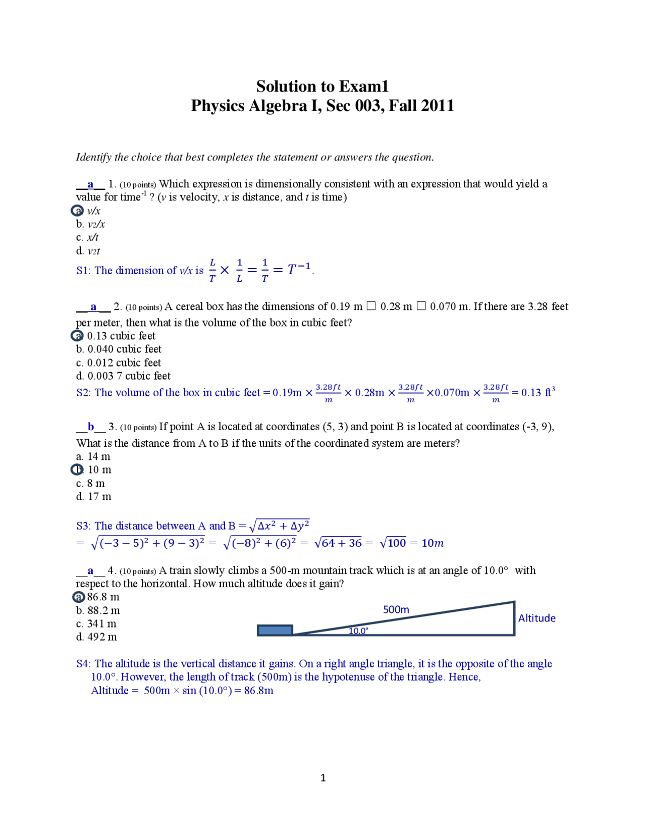Solution To Exam 1 Algebra Based Physics I Phy 1603 Docsity