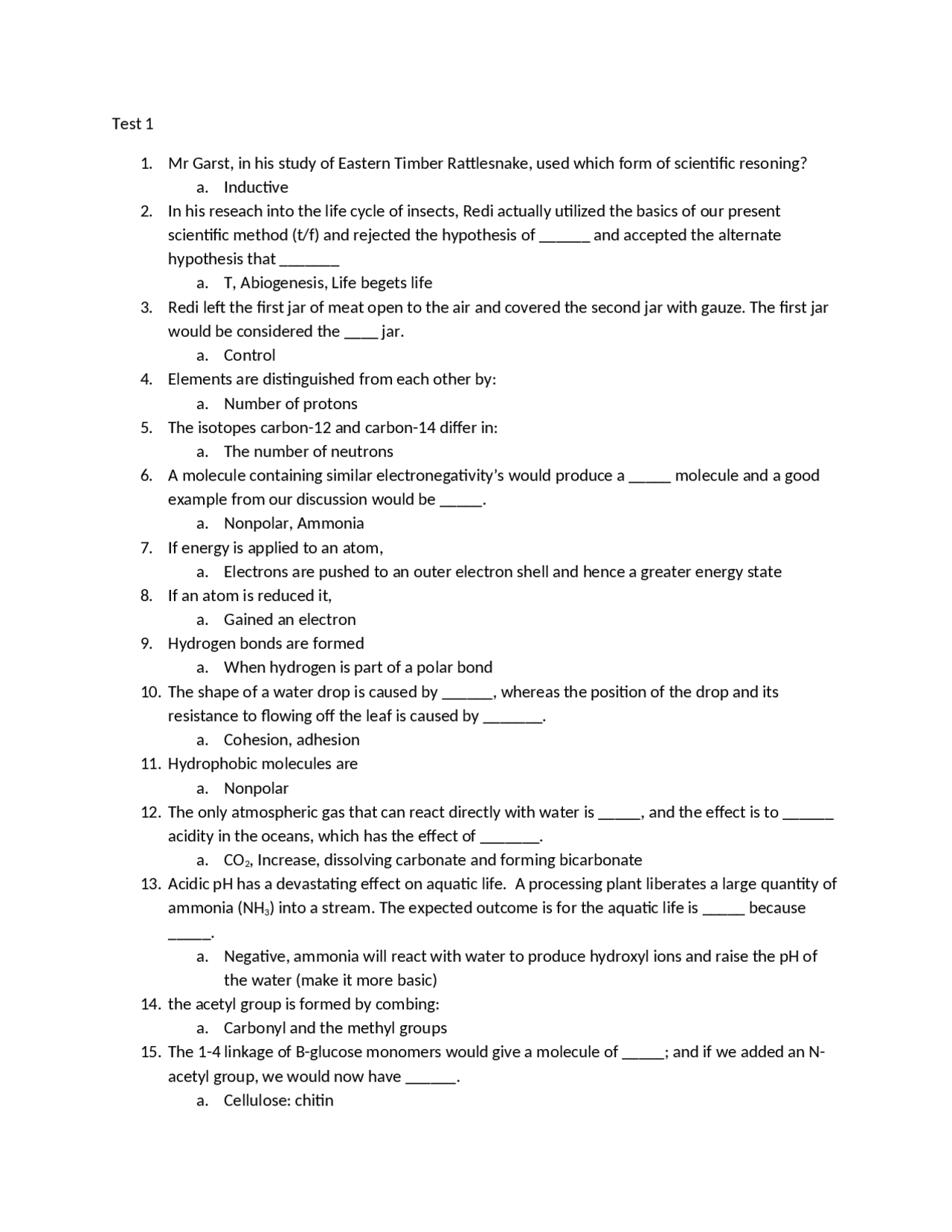 Test 1 Questions With Resolutions Principles Of Biology Biol 1105