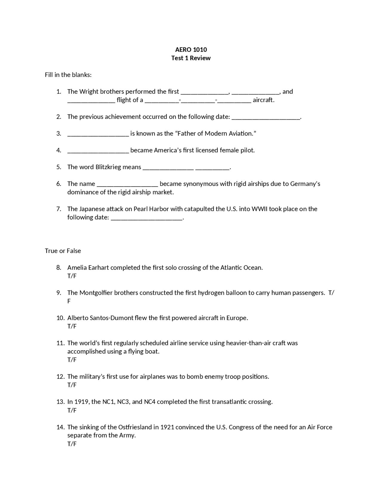 Past Test 1 Review Sheet - Introduction to Aerospace | AERO 1010 - Docsity