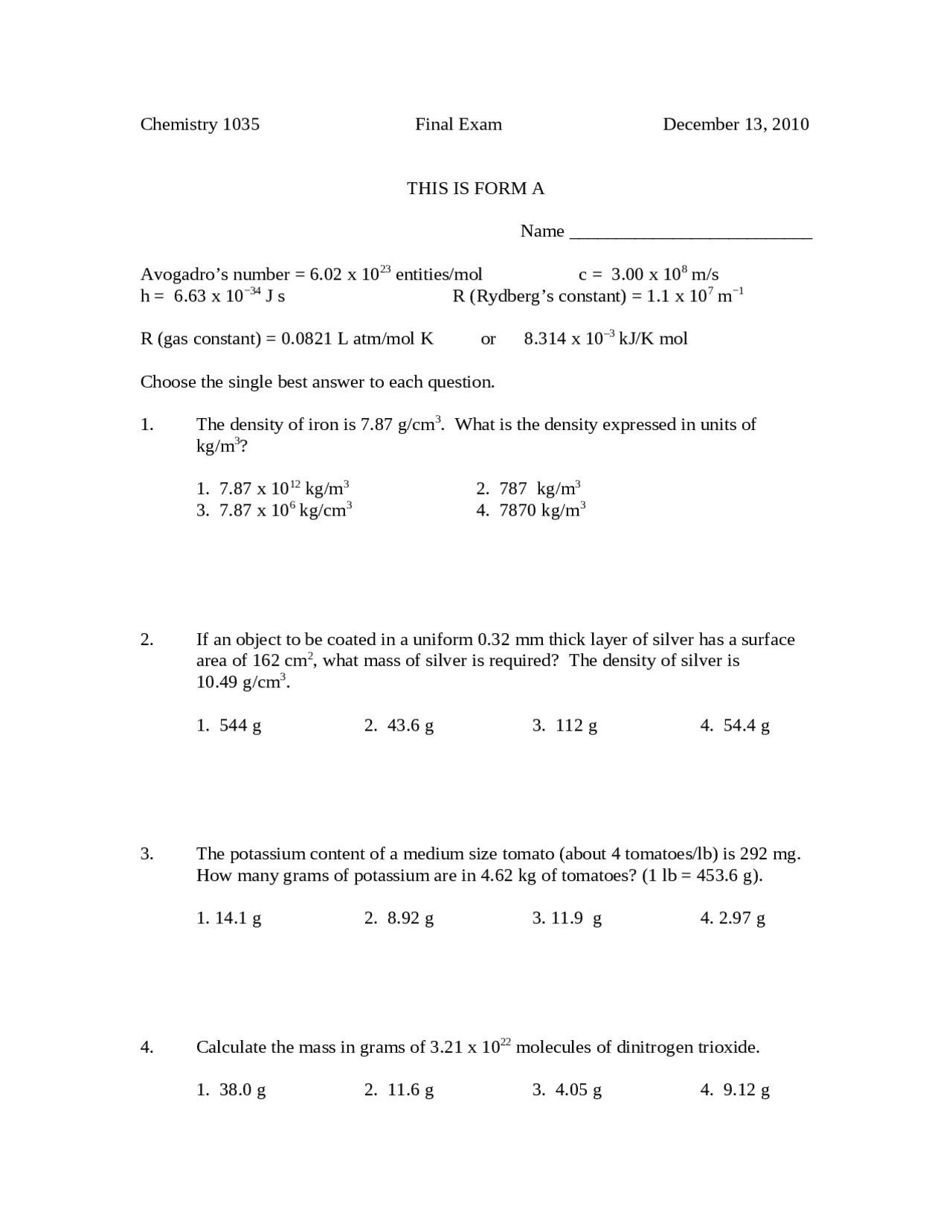 Final Exam Practice Problems on General Chemistry | CHEM 1035 | Exams ...