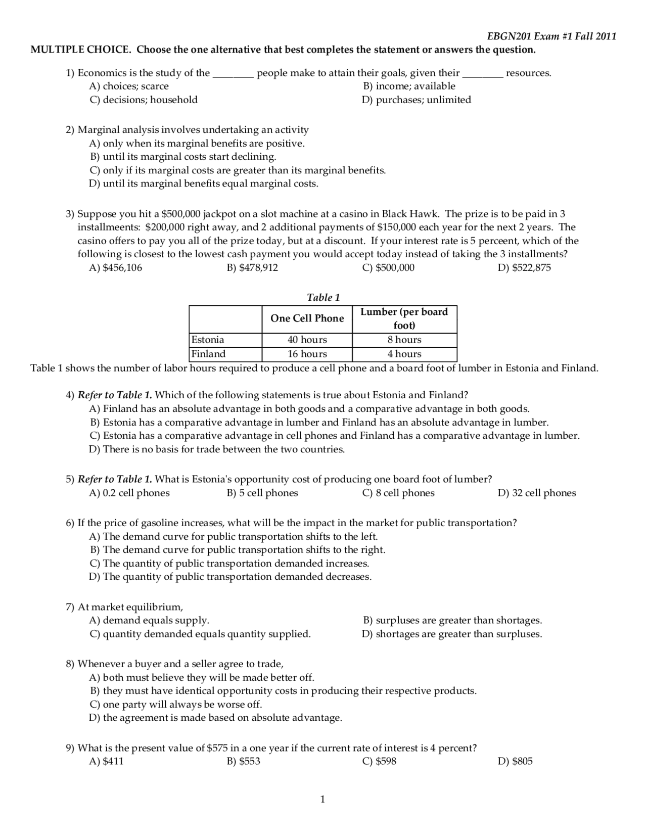 43 Mcqs With Answers Principle Of Microeconomics Exam I Ebgn 201