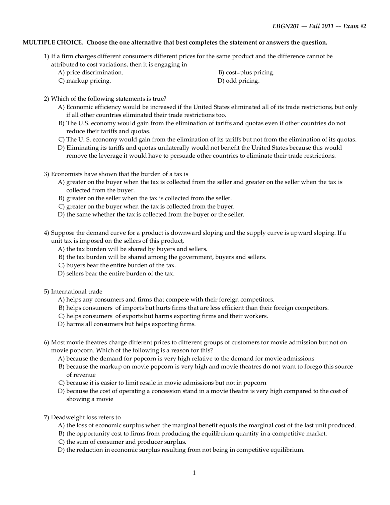 Test Ii With Answer Key Principle Of Microeconomics Ebgn 201 Docsity