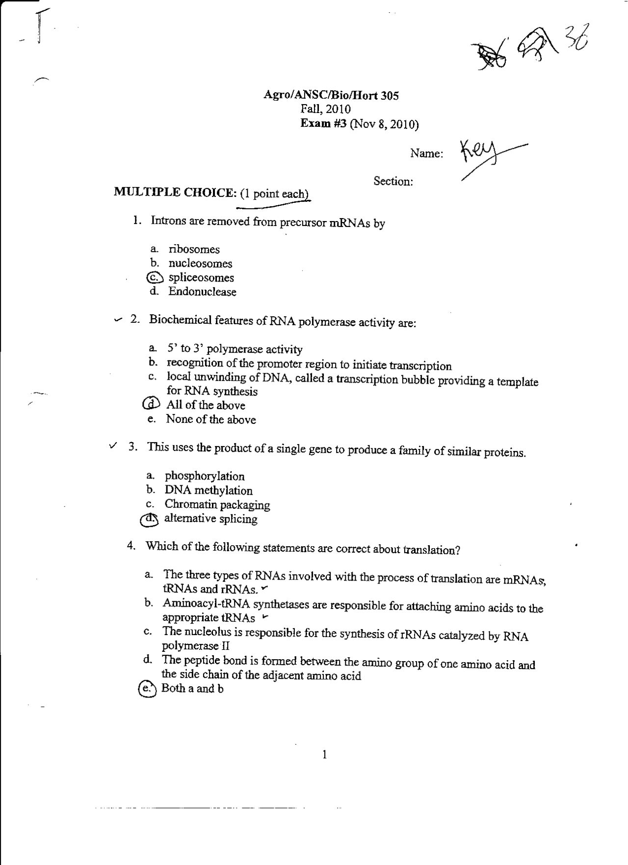 Solutions To Exam 3 Principles Of Genetics Biol 305 Docsity