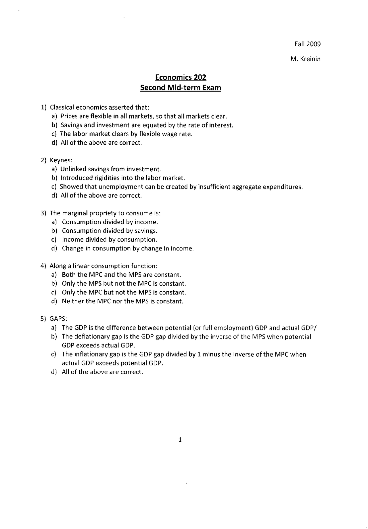 Introduction to Macroeconomics Solved Mid Term Exam | EC 202 - Docsity