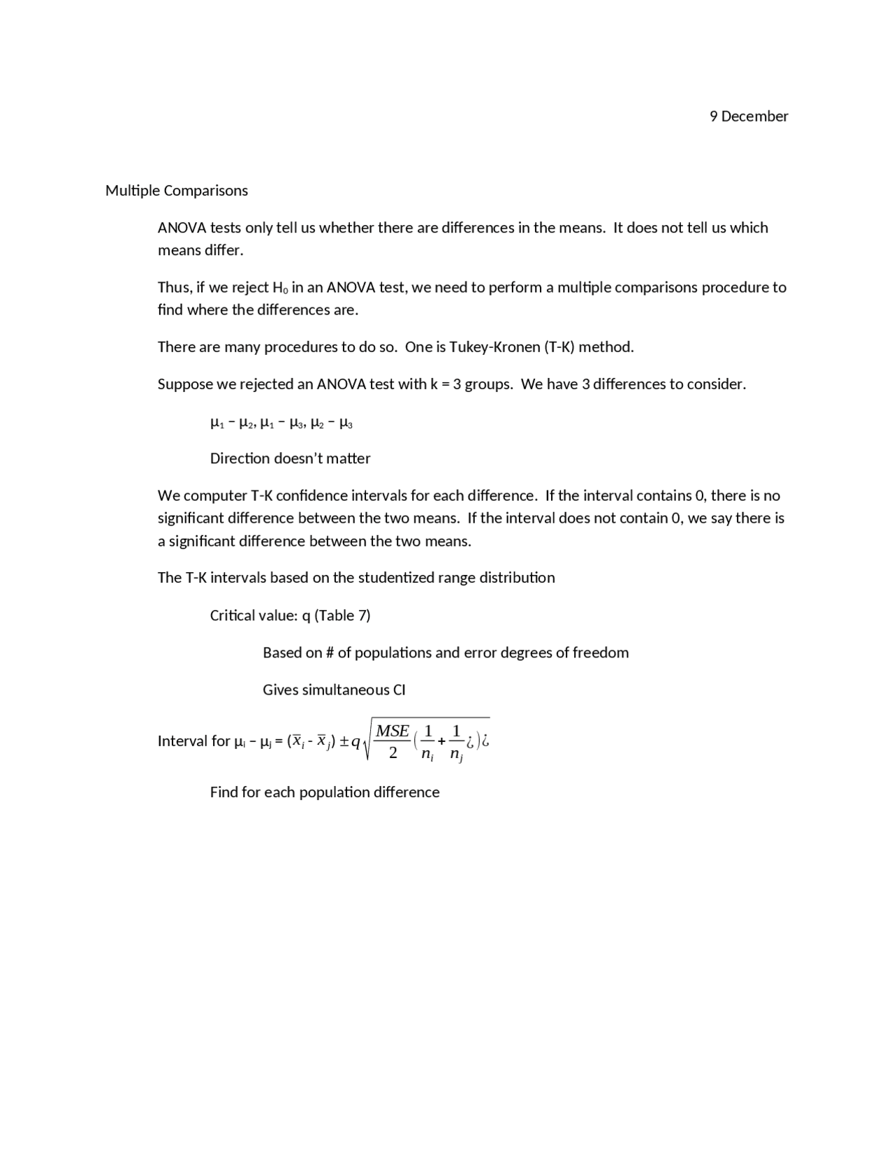 Multiple Comparisons Introduction To Statistical Methods Stat 301