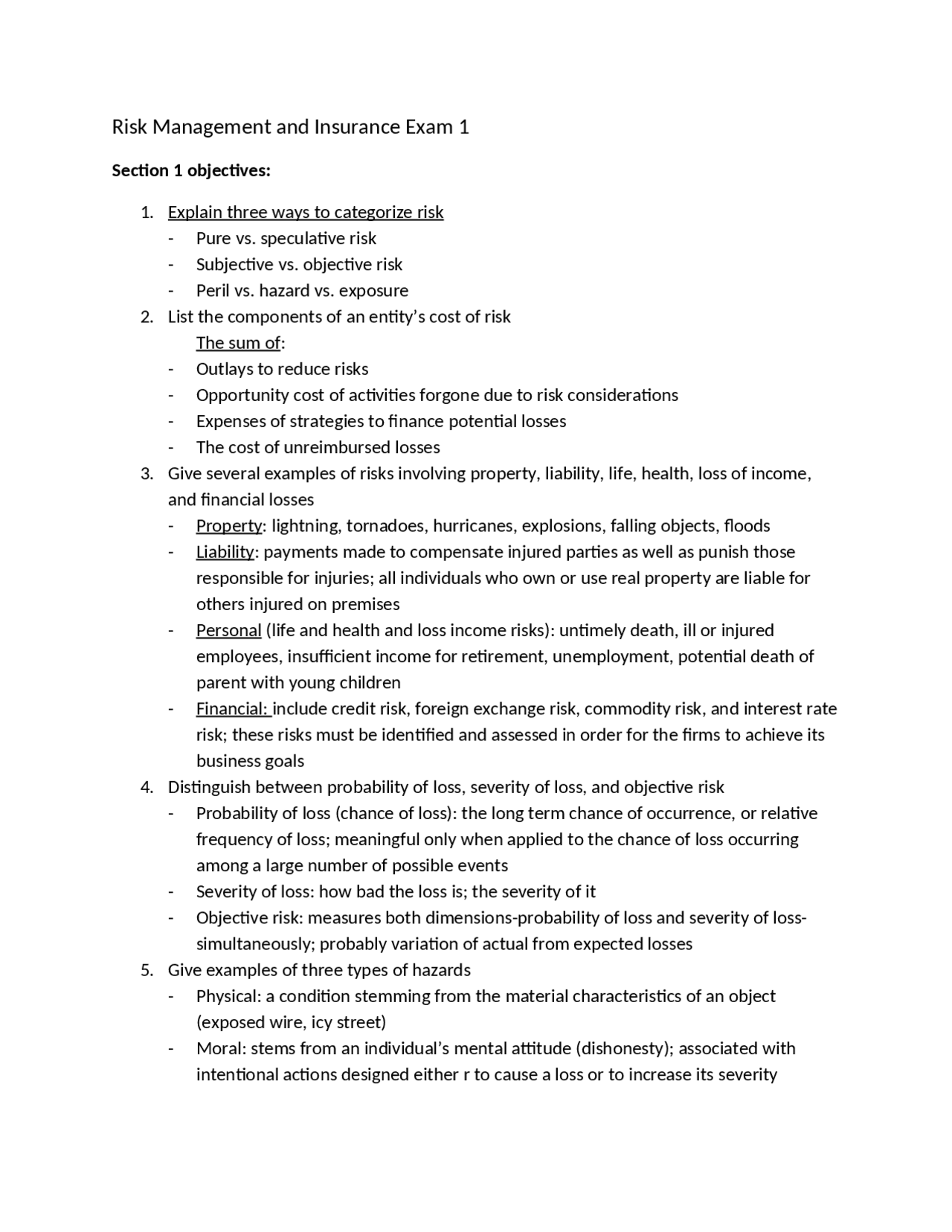 Exam 1 Notes - Risk Management and Insurance | RMIN 4000 | Study notes ...