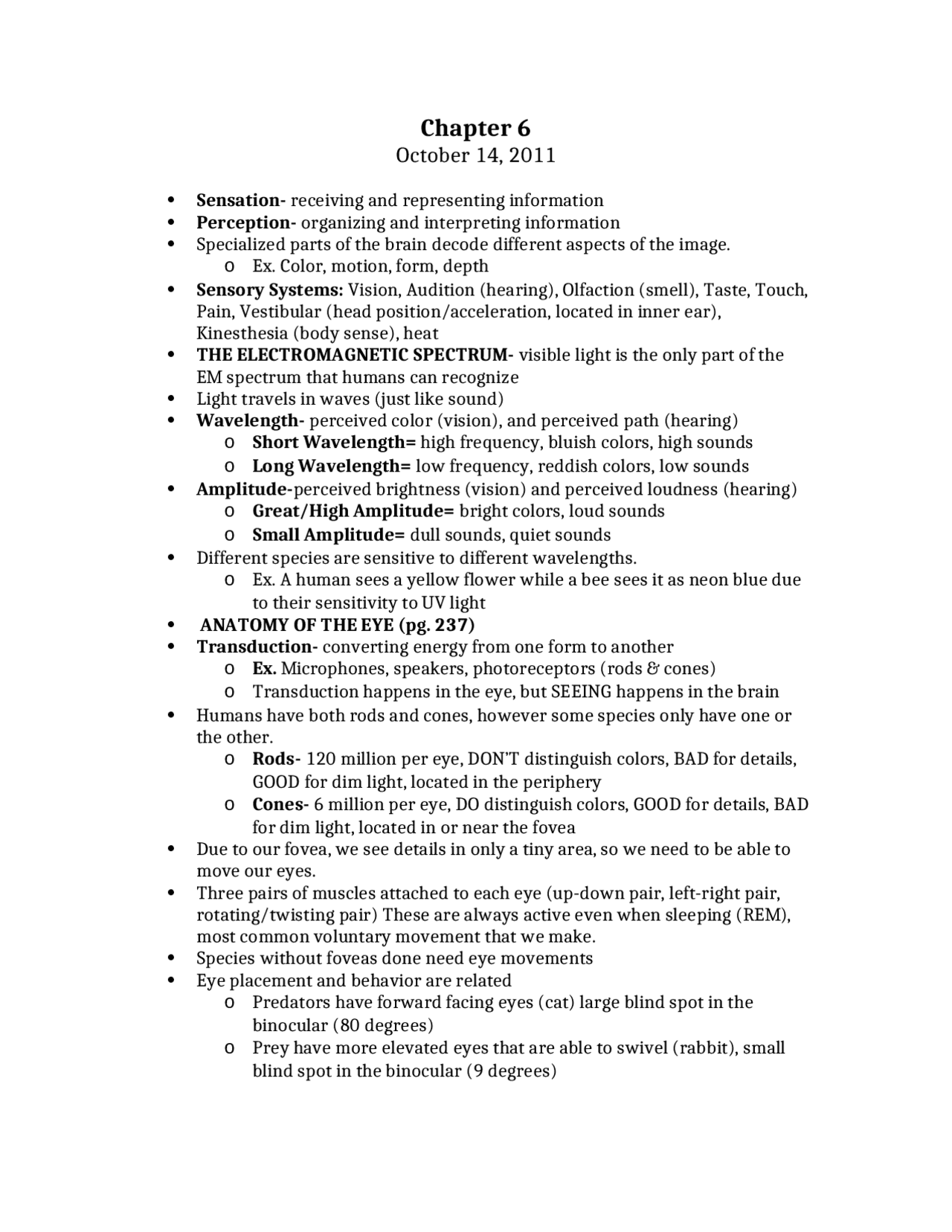 Sensation Perception Sensory Systems Notes Psych 201 Docsity