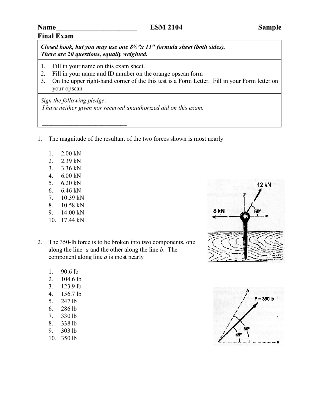 Sample Final Exam Solutions Statics Esm 2104 Docsity