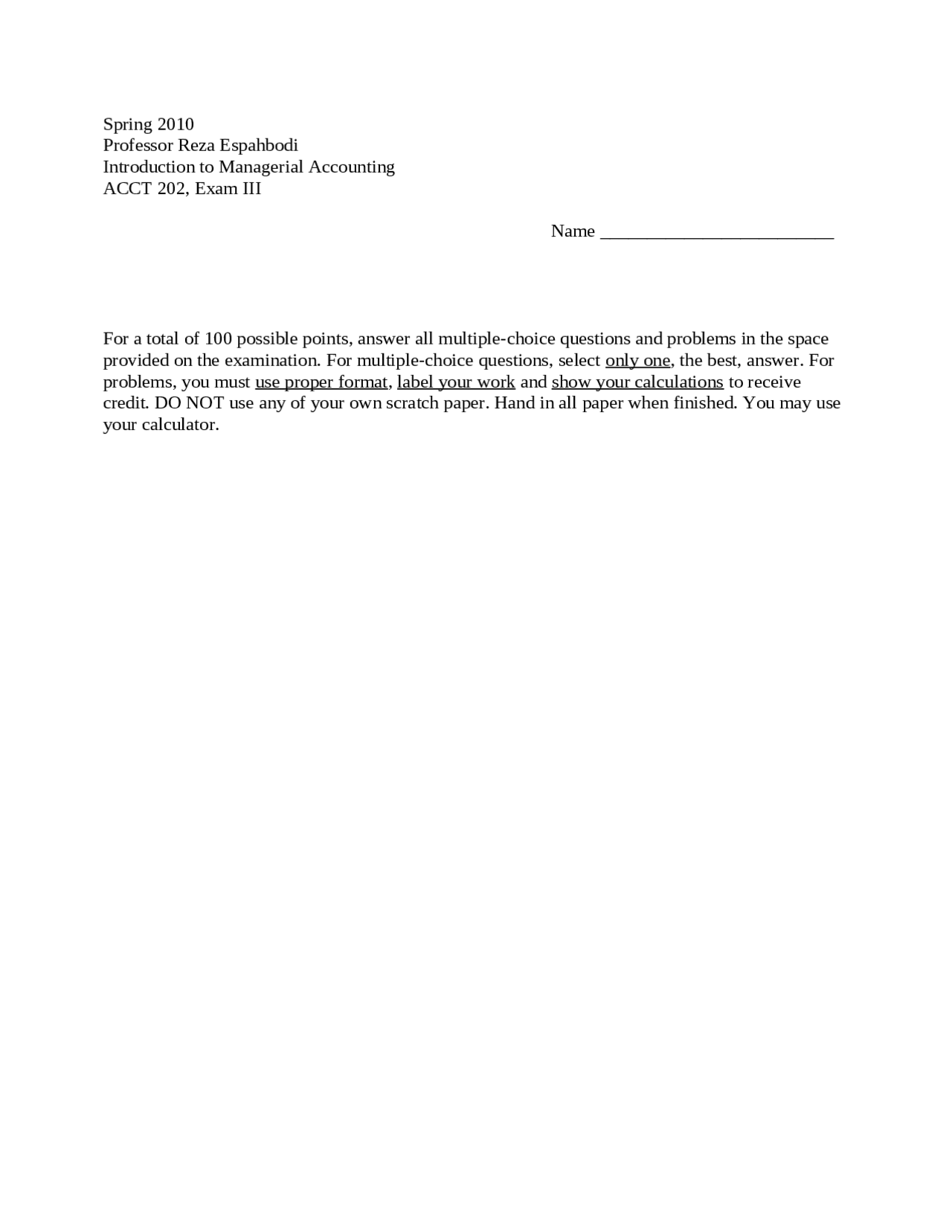 Exam Ii Questions Introduction To Managerial Accounting Bus Docsity