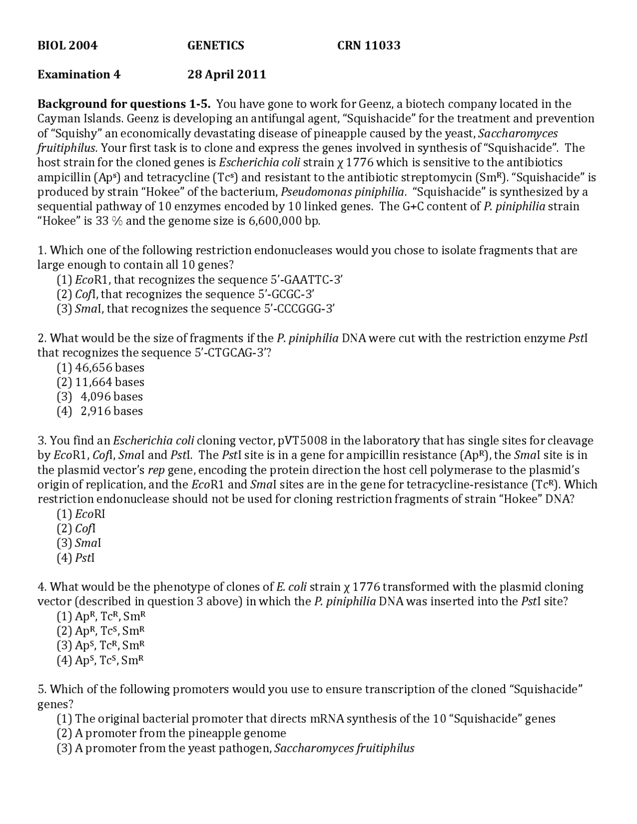 50 Questions on Genetics with Answer key - Exam 4 | BIOL 2004 - Docsity