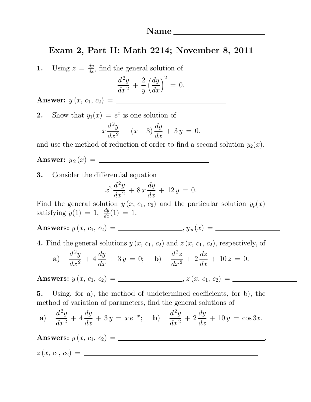 5 Questions - Exam 2 | Introduction to Differential Equations | MATH 2214 - Docsity