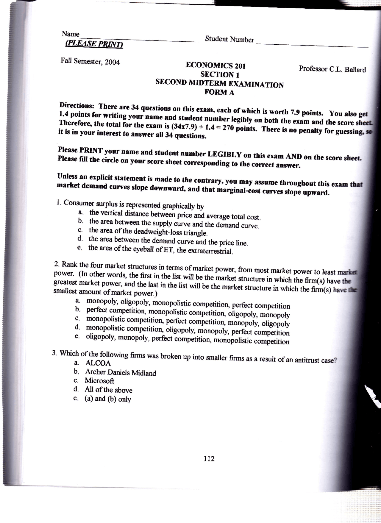 Midterm Exam Part 1 Introduction To Microeconomics Ec 201 Docsity