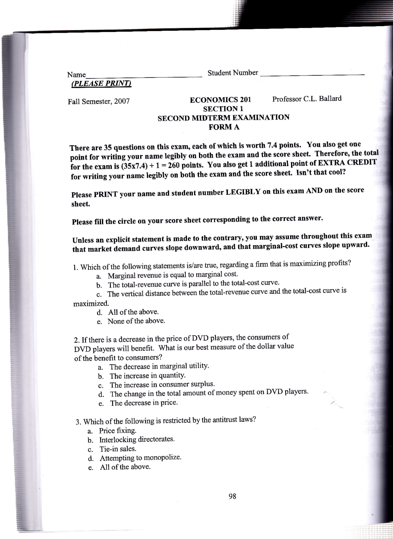 Second Midterm Exam Form A Introduction To Microeconomics Ec 201