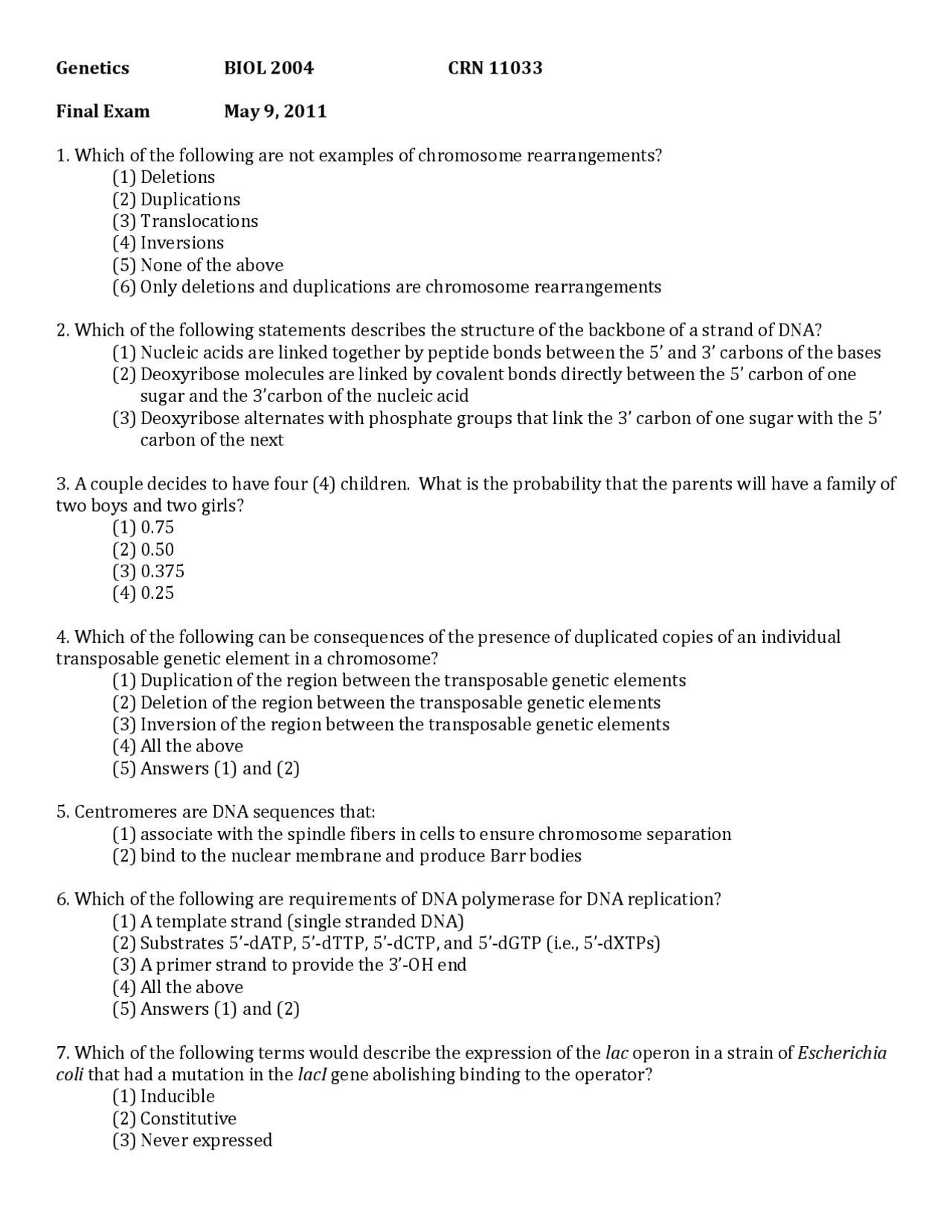 Final Exam Questions With Solutions Genetics Biol 2004 Docsity