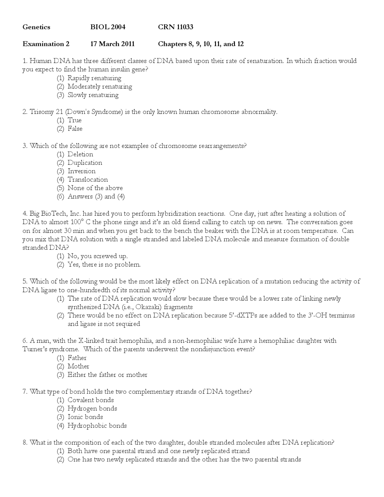 Examination Ii Mcqs Genetics Biol 2004 Docsity