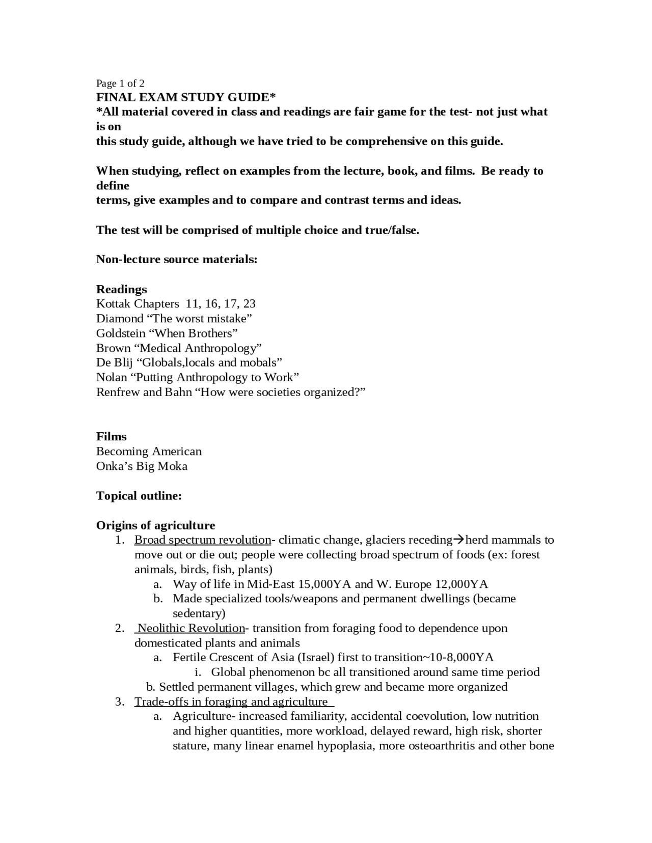 Exam 3 Study Guide | Introduction to Anthropology | ANTH 1102 - Docsity