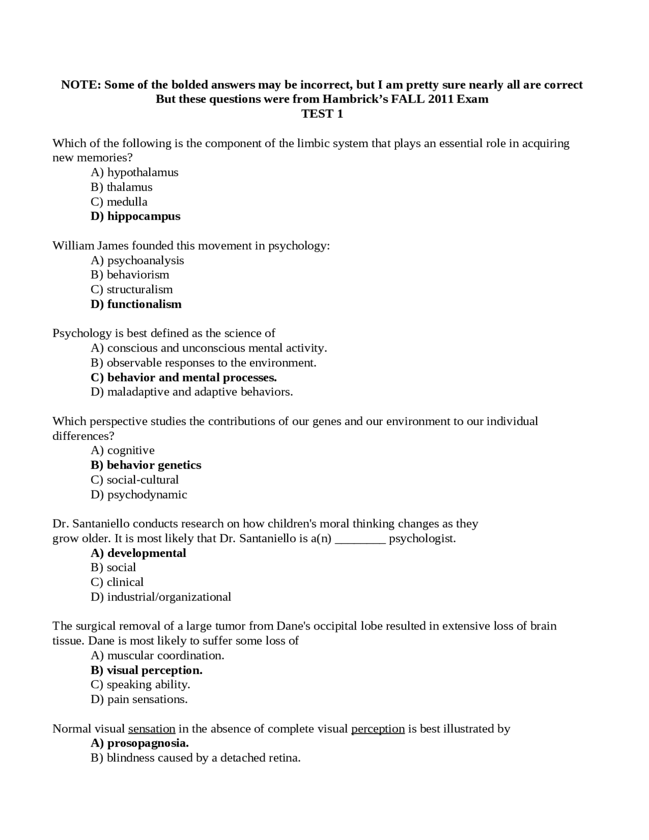 Test 1 With Answer Key For Introductory Psychology Psy 101 Docsity