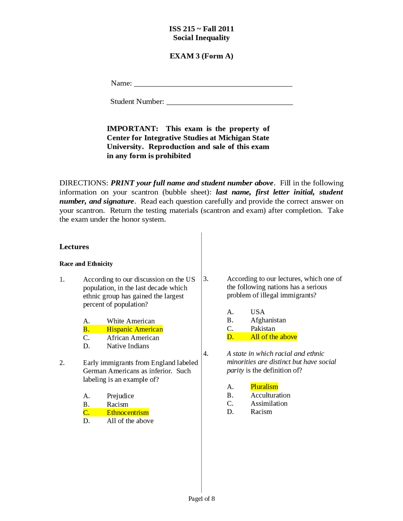 Social Different And Inequality Solved Exam 3 Iss 215 Docsity