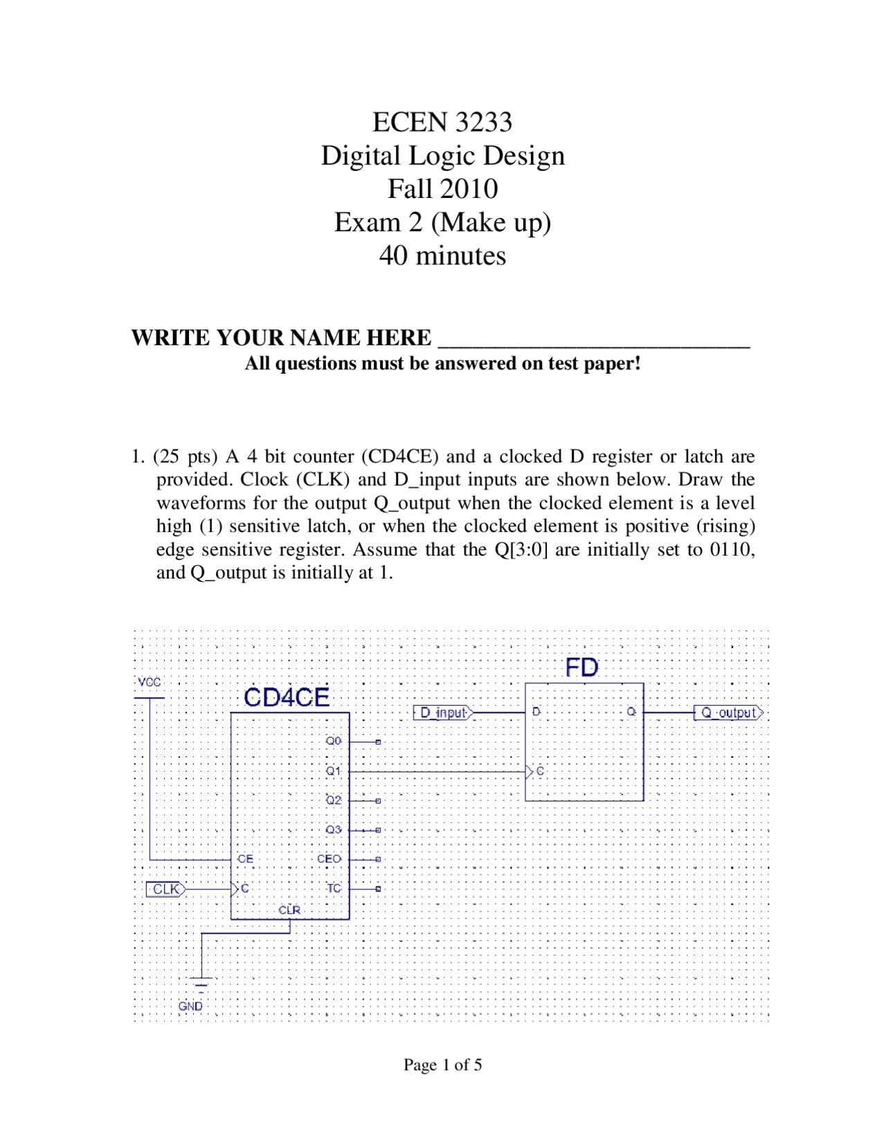 Exam 2 With Solution For Digital Logic Design Ecen 3233 Docsity