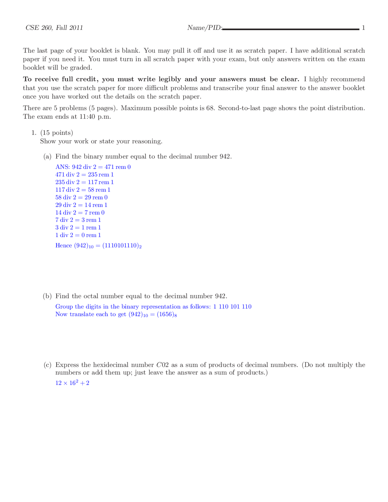 Exam 2 - 5 Questions on Discrete Structures Computer Science | CSE 260 | Exams Discrete ...