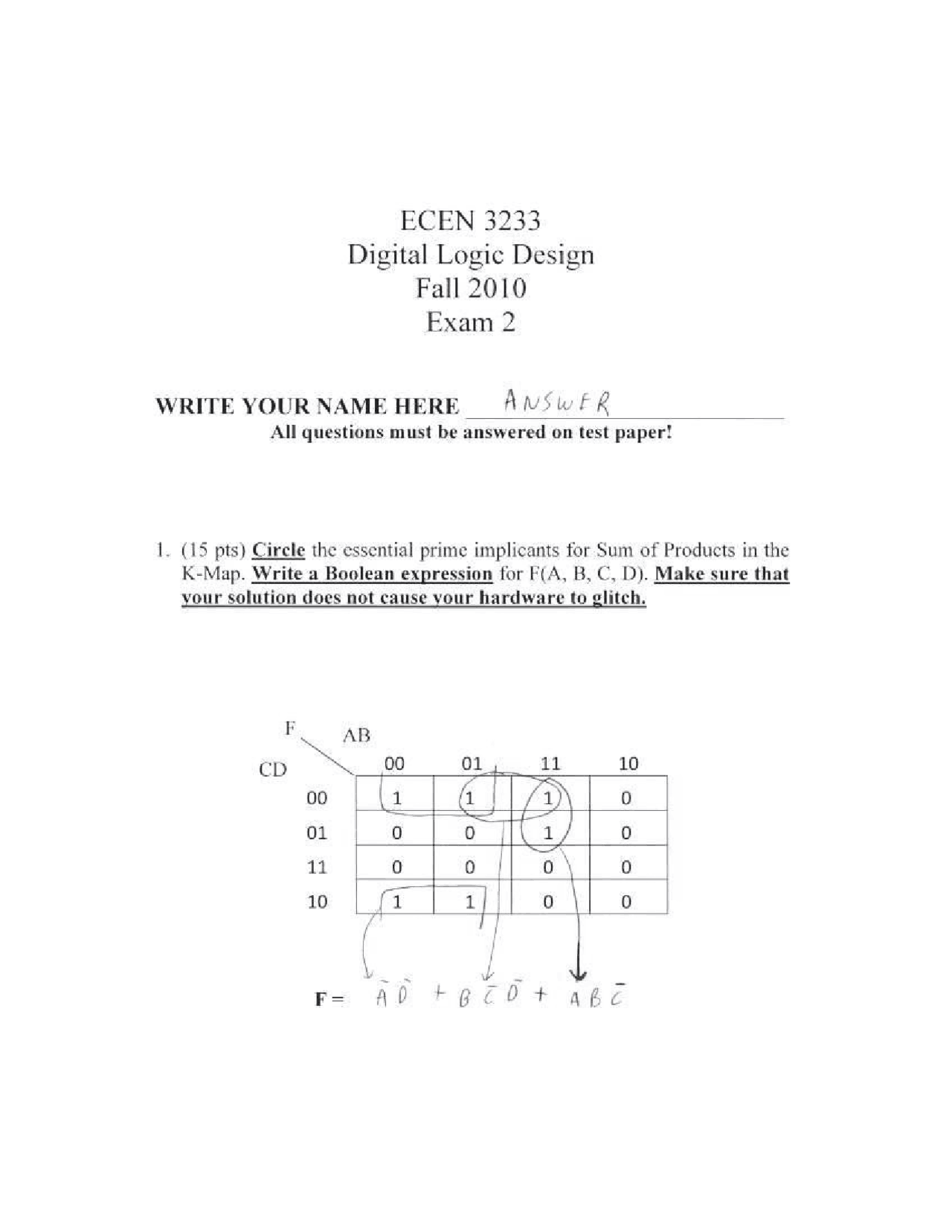 4 Solved Questions On Digital Logic Design Exam Ii Ecen 3233 Docsity
