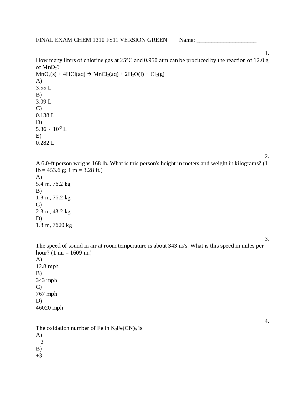 Final Exam with Answer Key for General Chemistry I | CHEM 1310 - Docsity
