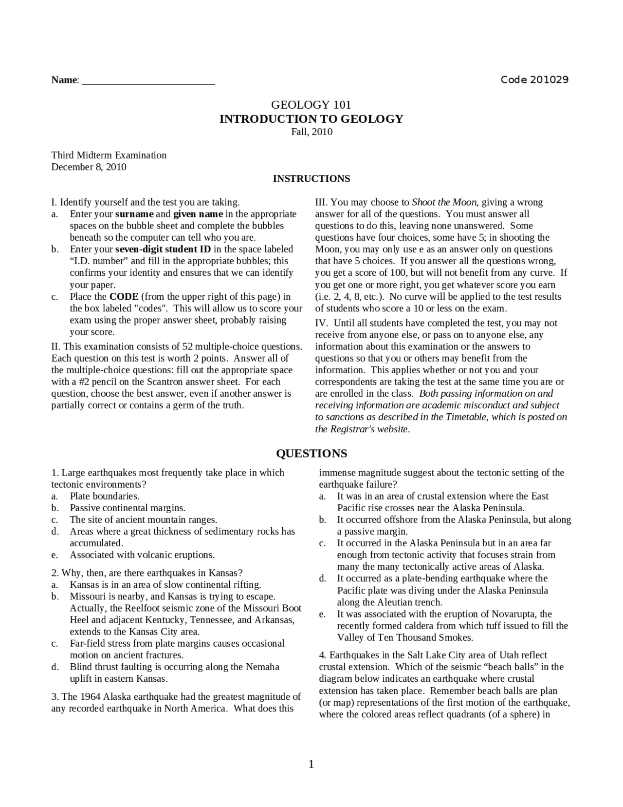 Exam 3 For Introduction To Geology Fall 2010 Geol 101 Docsity